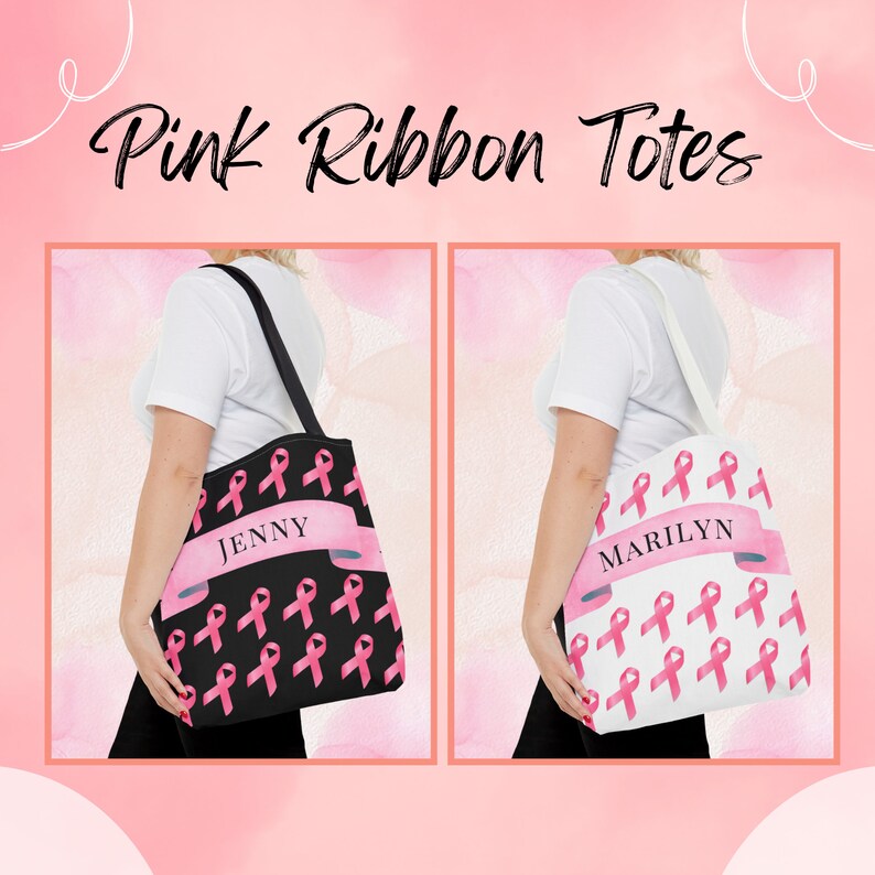 Pink Ribbon Tote Bag, Breast Cancer Awareness, Custom Name Tote Bag ...
