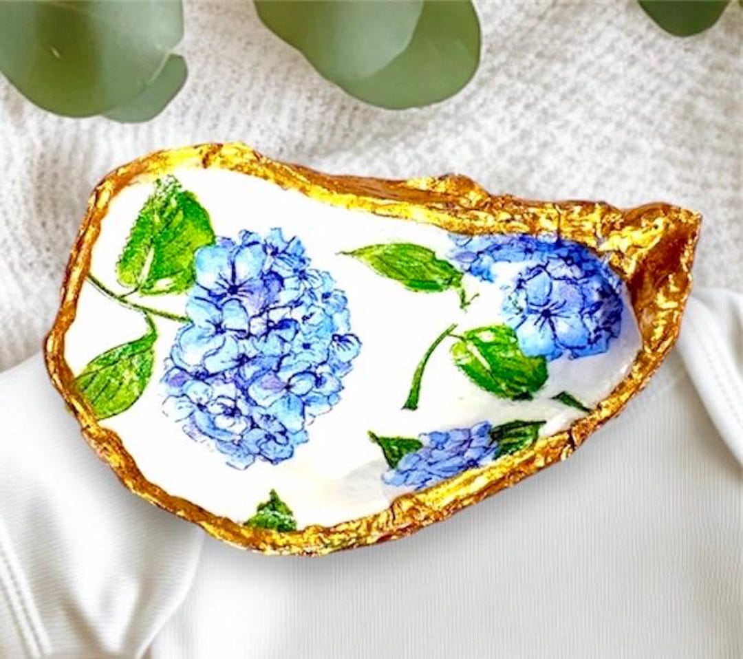 Blue Hydrangea Oyster Shell Trinket Dish: Gold Gilded Coastal Decor - Etsy