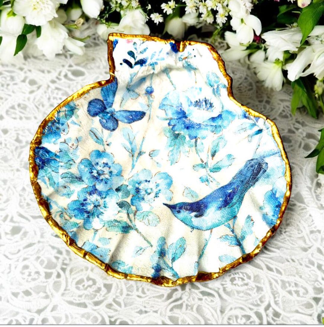 Blue Flowers Bird Oyster Ring Holders / Seashells Trinket Dish /shell ...