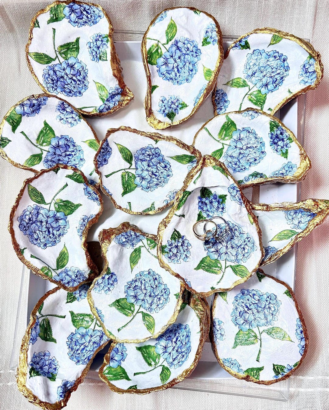 Blue Hydrangea Oyster Shell Ring Dish: Coastal Jewelry Holder - Etsy