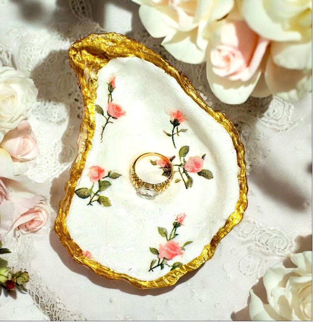 Pink Roses Floral Oyster Shell Ring Dish,engagement Ring Holder,wedding ...