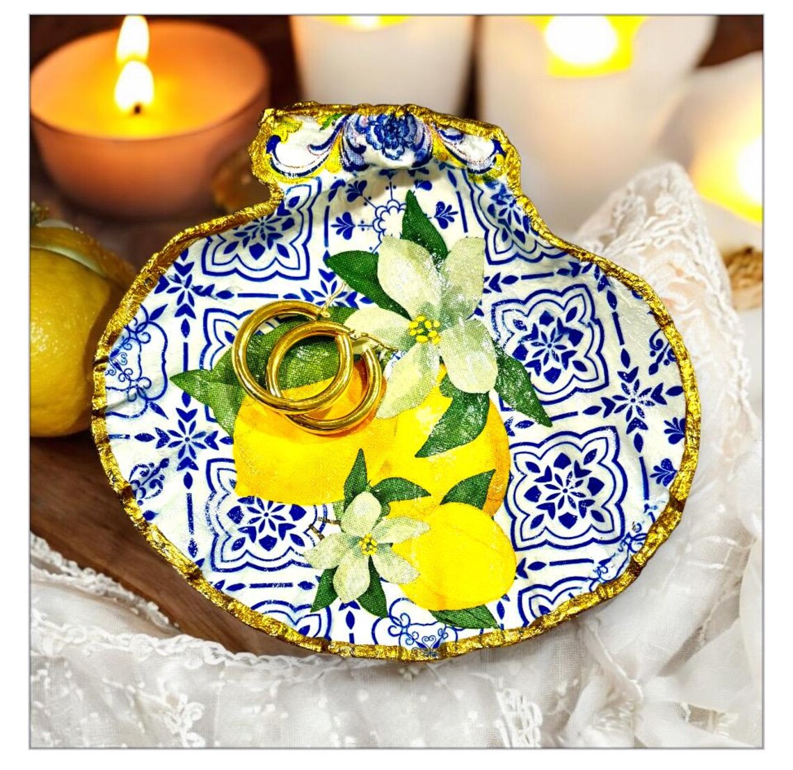 Amalfi Coast Shell Ring Dish: Italian Capri Lemons & Blue Tiles - Etsy