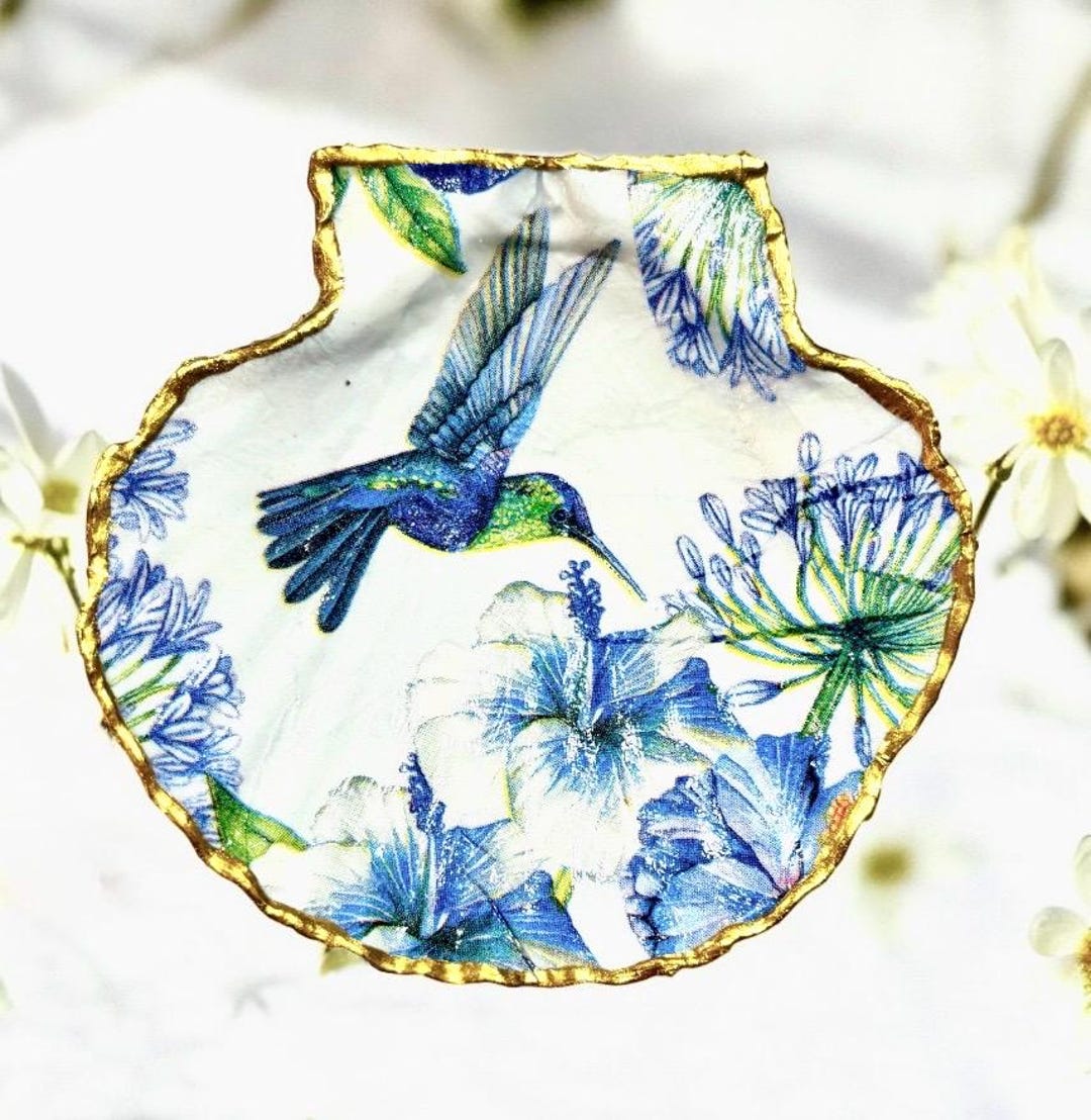 Hummingbird and Blue Flowers Shell Ring Dish: Gold Leaf Decoupage ...
