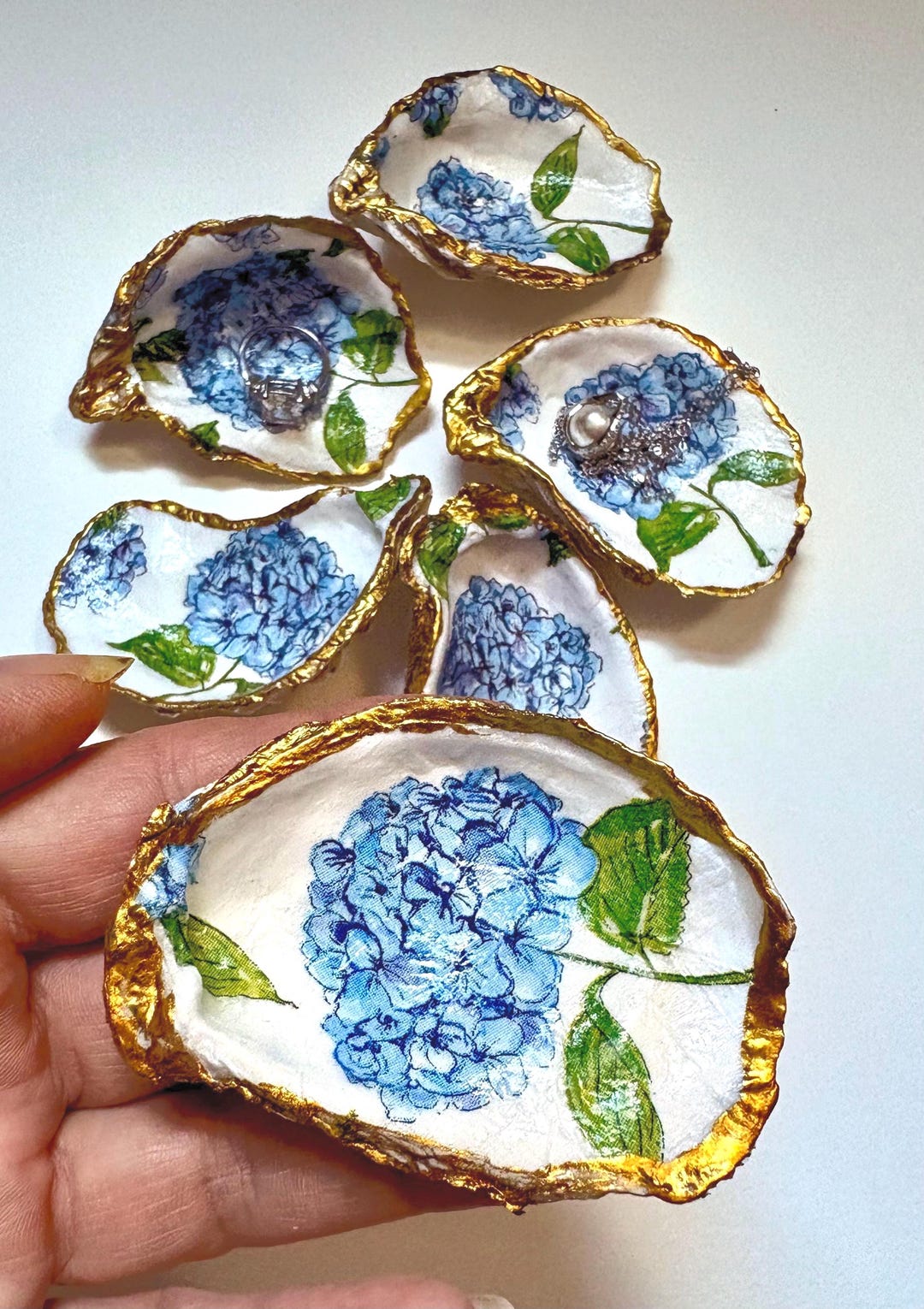 Bulk or Single Hand Made Oyster Shell Ring Dishes, Blue Hydrangea ...
