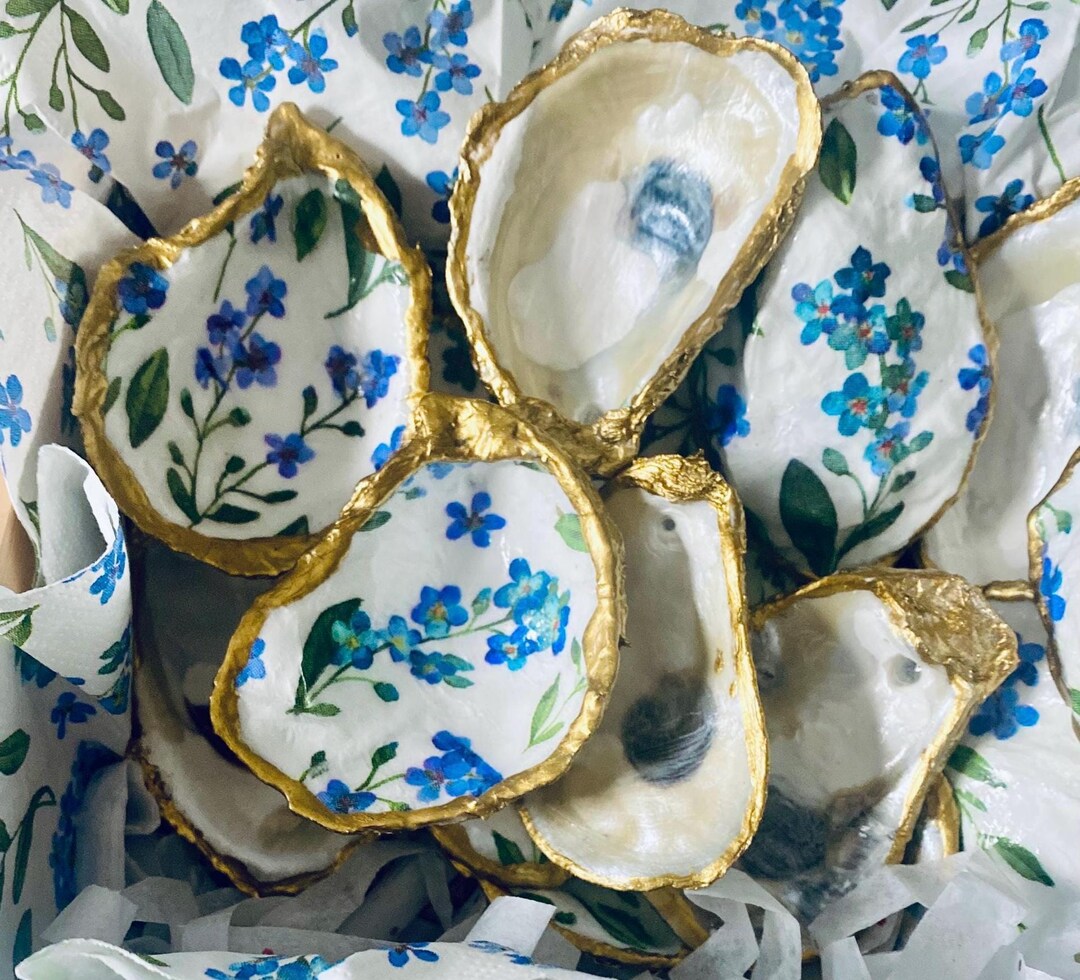 Bulk or Single Hand Made Oyster Shell Ring Dishes, Blue Hydrangea ...