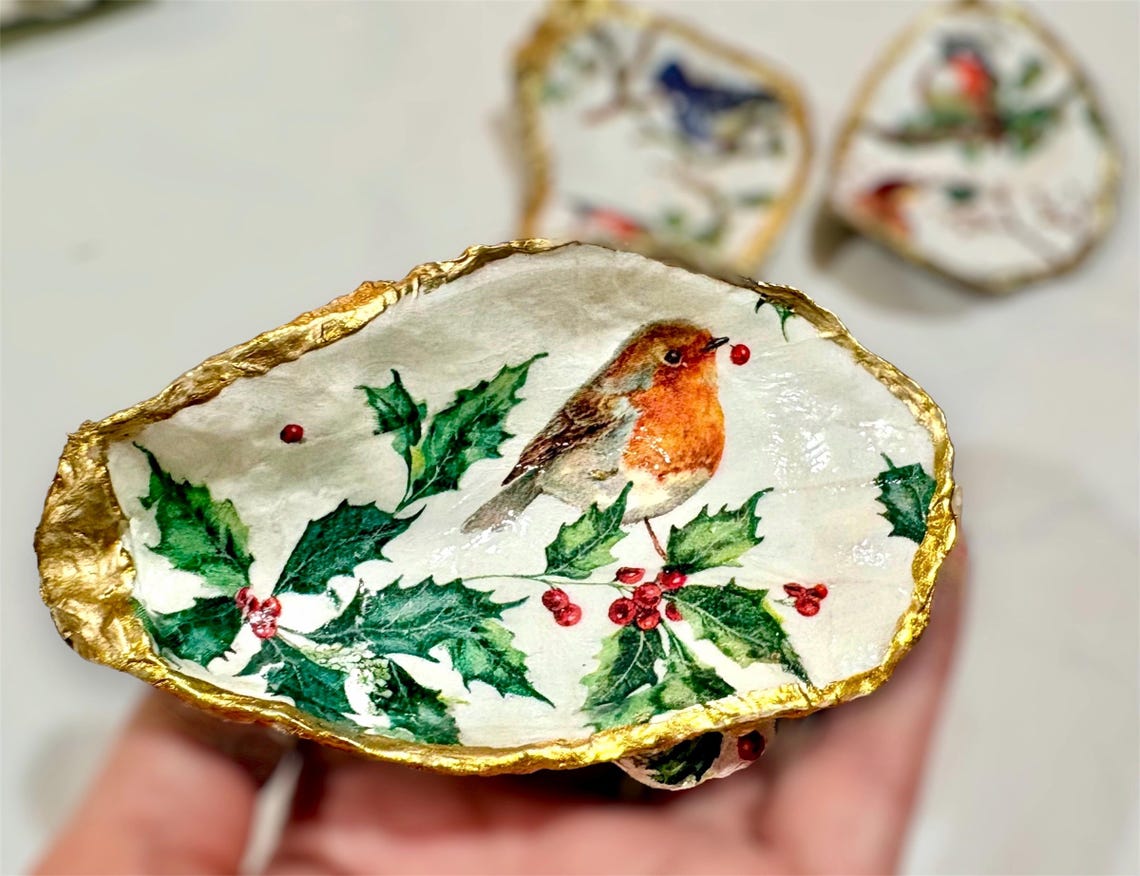 Decoupage Oyster Ring Dish: Robin Bird Seashell Trinket Tray - Etsy