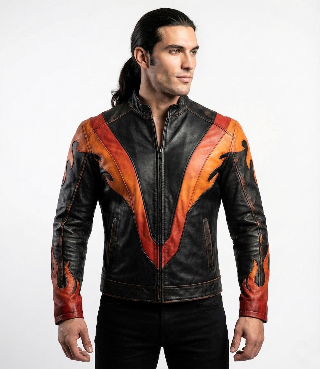 Dispatch Flambae Costume Jacket, Chad Flame Leather Biker Jacket ...
