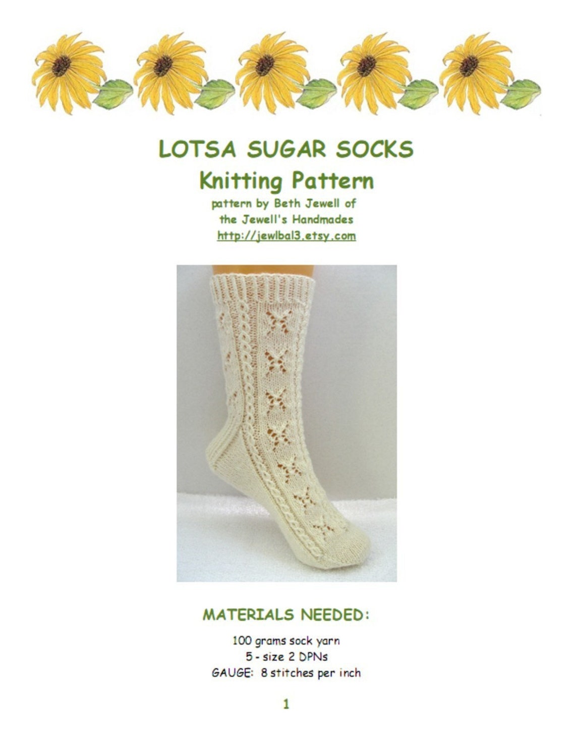 Knitting Sock Pattern Lotsa Sugar Sock Lace and Cable Sock - Etsy