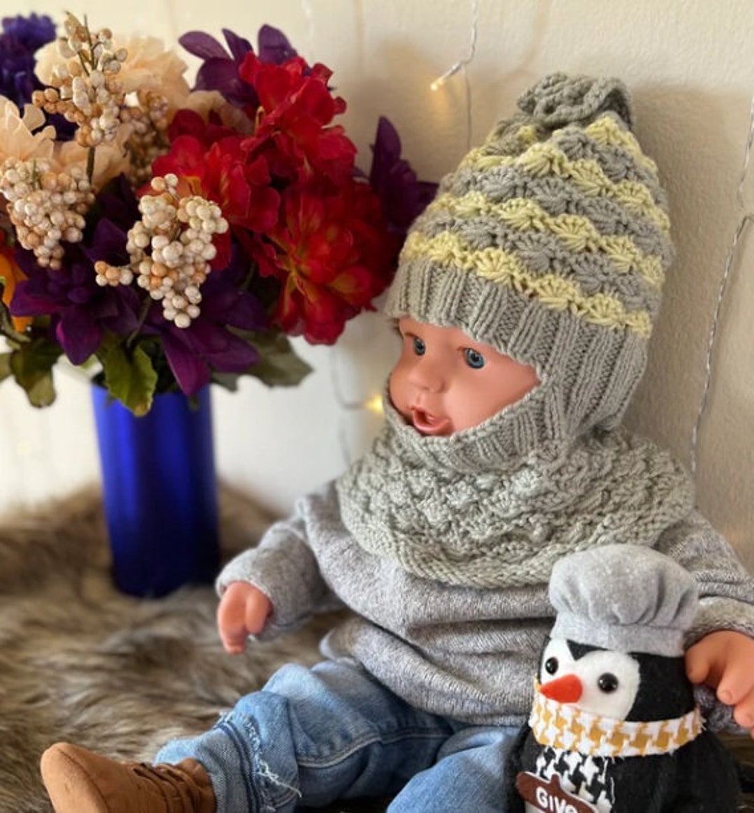 Multi-tone Grey Yellow Baby's Hand-knit Hat Neck Warmer (12+ Months) - Etsy