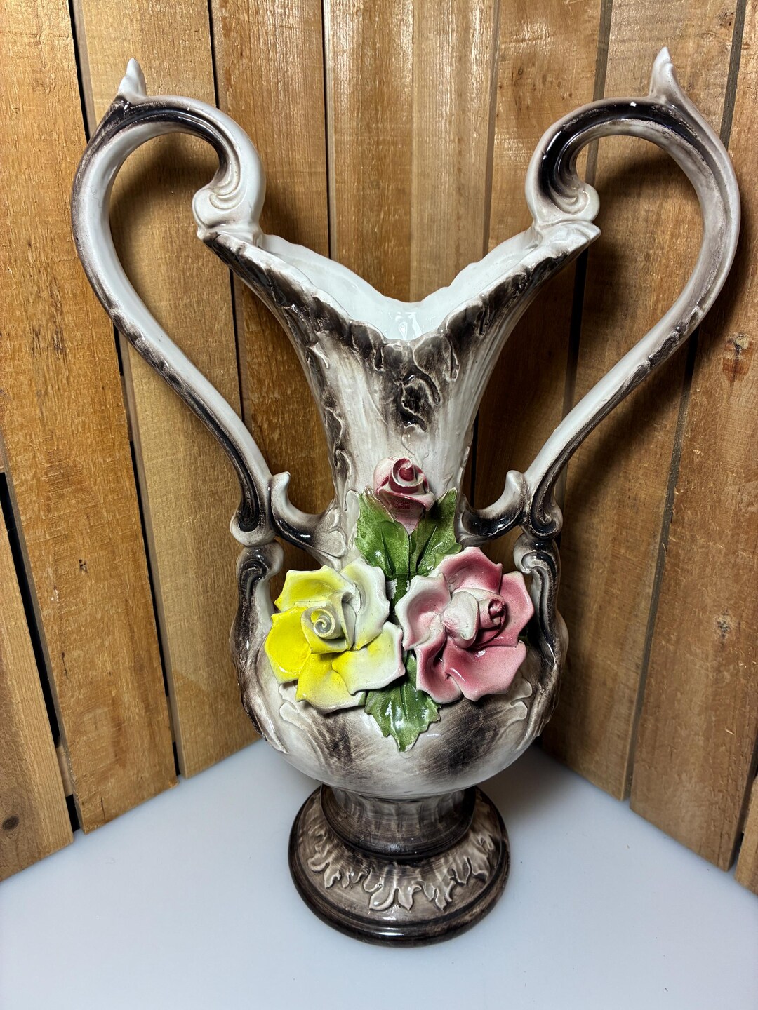Beautiful Vintage Capodimonte Double Handle Porcelain Vase With Roses ...