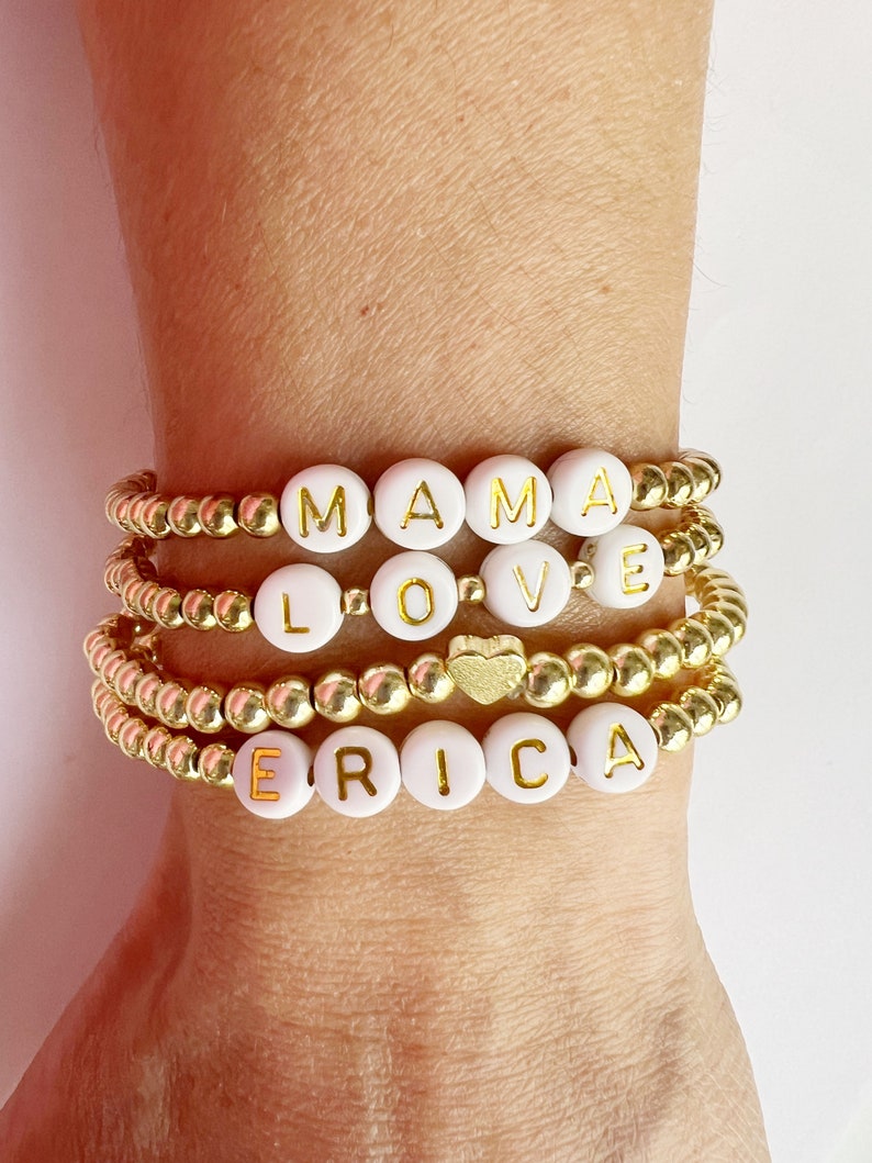 Custom Mother Gold Beaded Bracelet • Mama Bracelet • Gold Bead Stretch ...