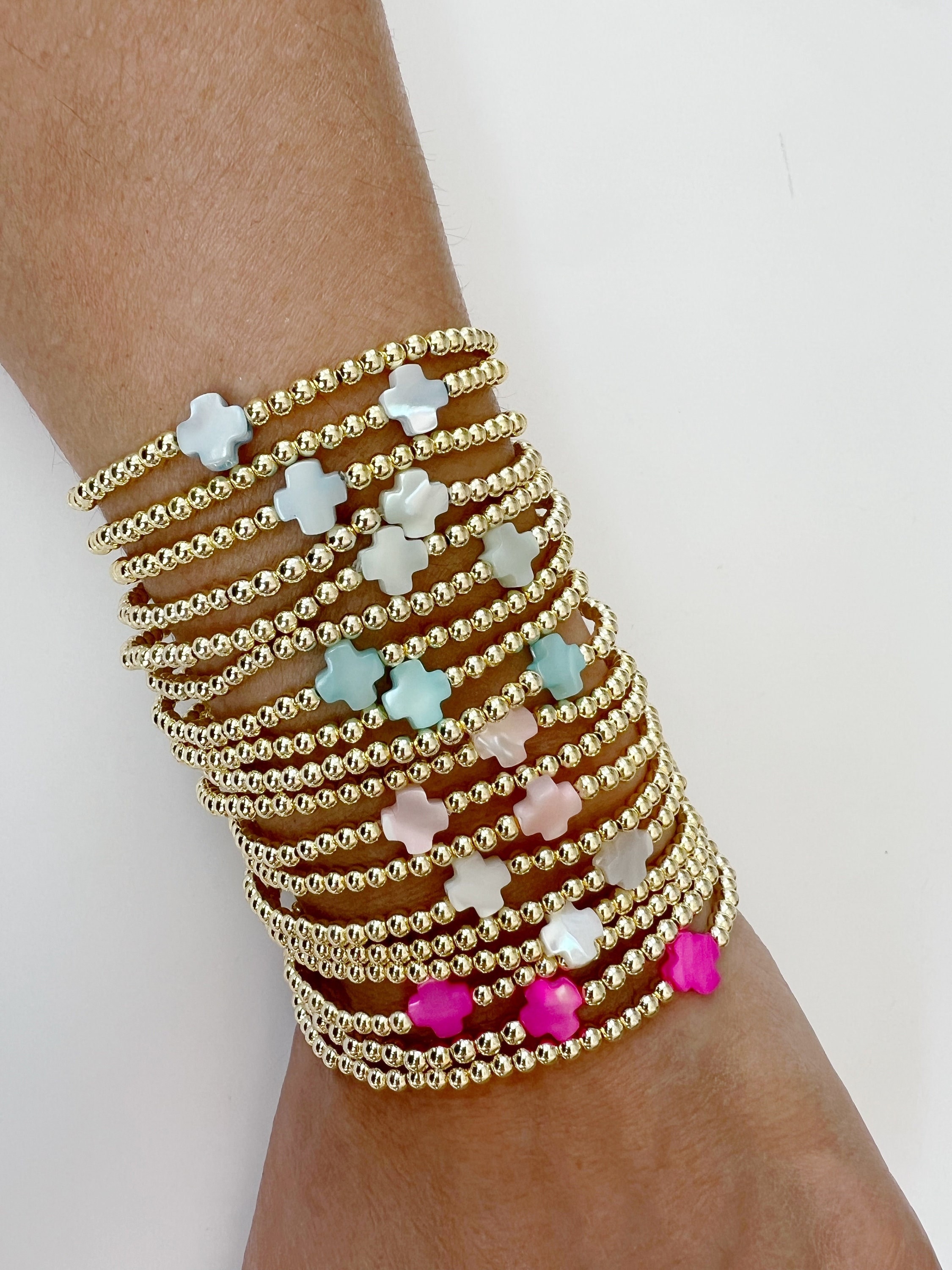 Gold Beaded Cross Bracelet • Mother of Pearl Cross Bracelet • Pearl ...