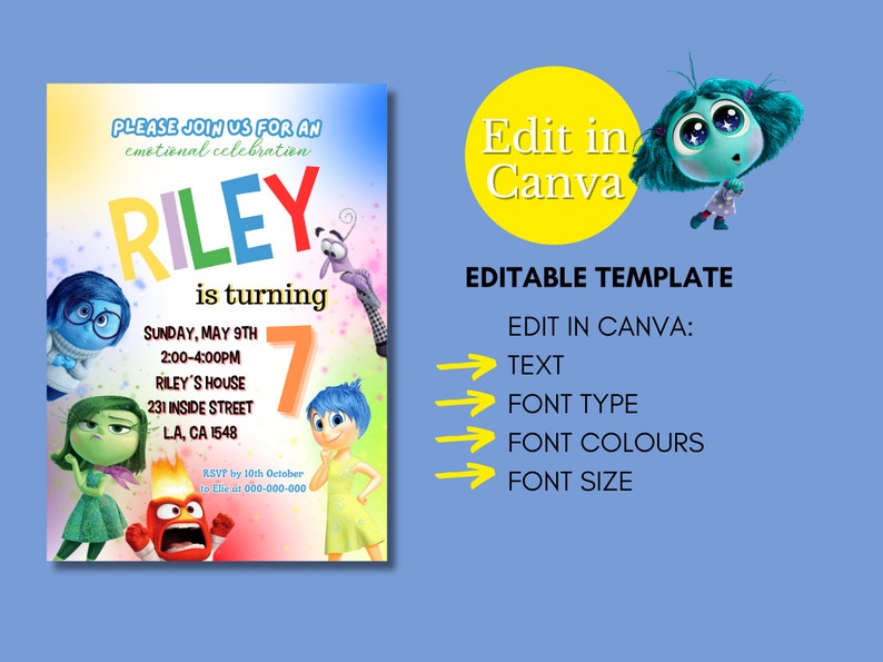 Inside Out Theme Birthday Invite Editable PDF With Canva Link Celebrate ...
