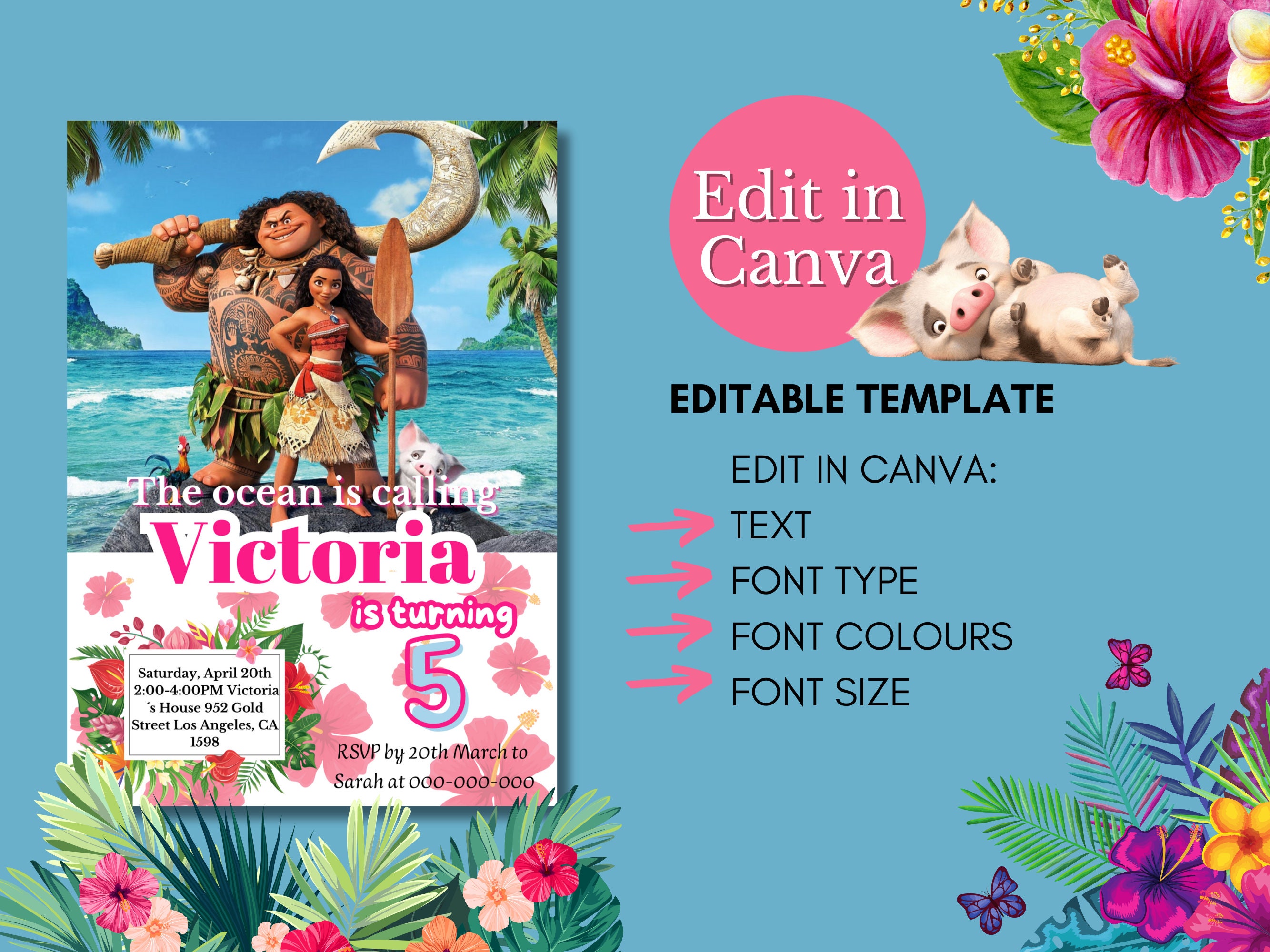 Editable Moana Birthday Invitation Moana Theme Party Invitation ...