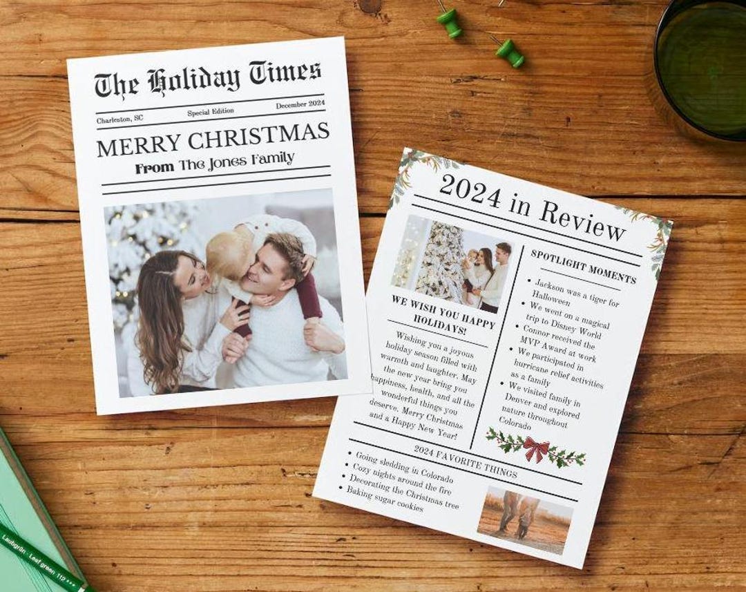 Christmas Card Newspaper Template, Editable Holiday Cards, Christmas ...