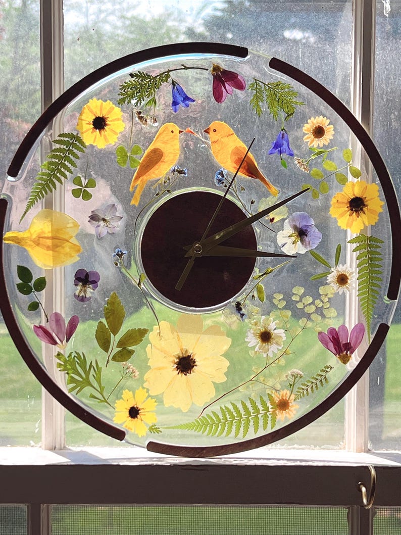 Vintage Flower Clock, Bohemian Clock, Botanical Clock, Pressed Flower ...