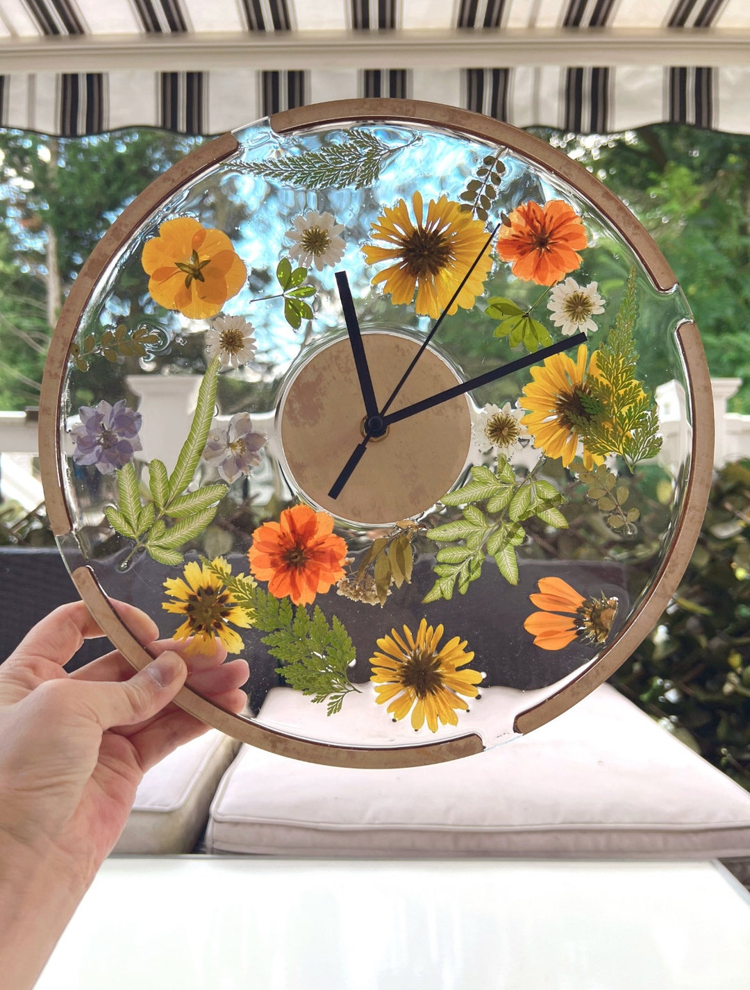 Vintage Flower Clock, Bohemian Clock, Botanical Clock, Pressed Flower ...