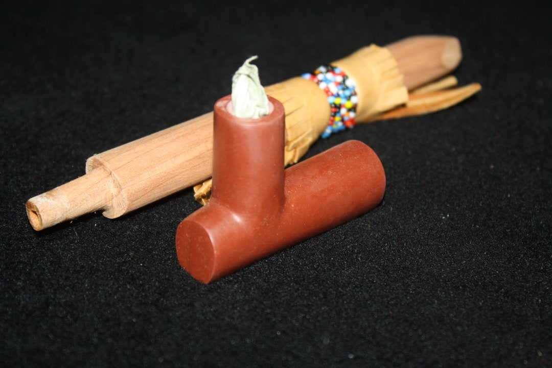 8" Personal Sized Red or Black Pipestone Pipe W/ Beaded Aromatic Cedar ...