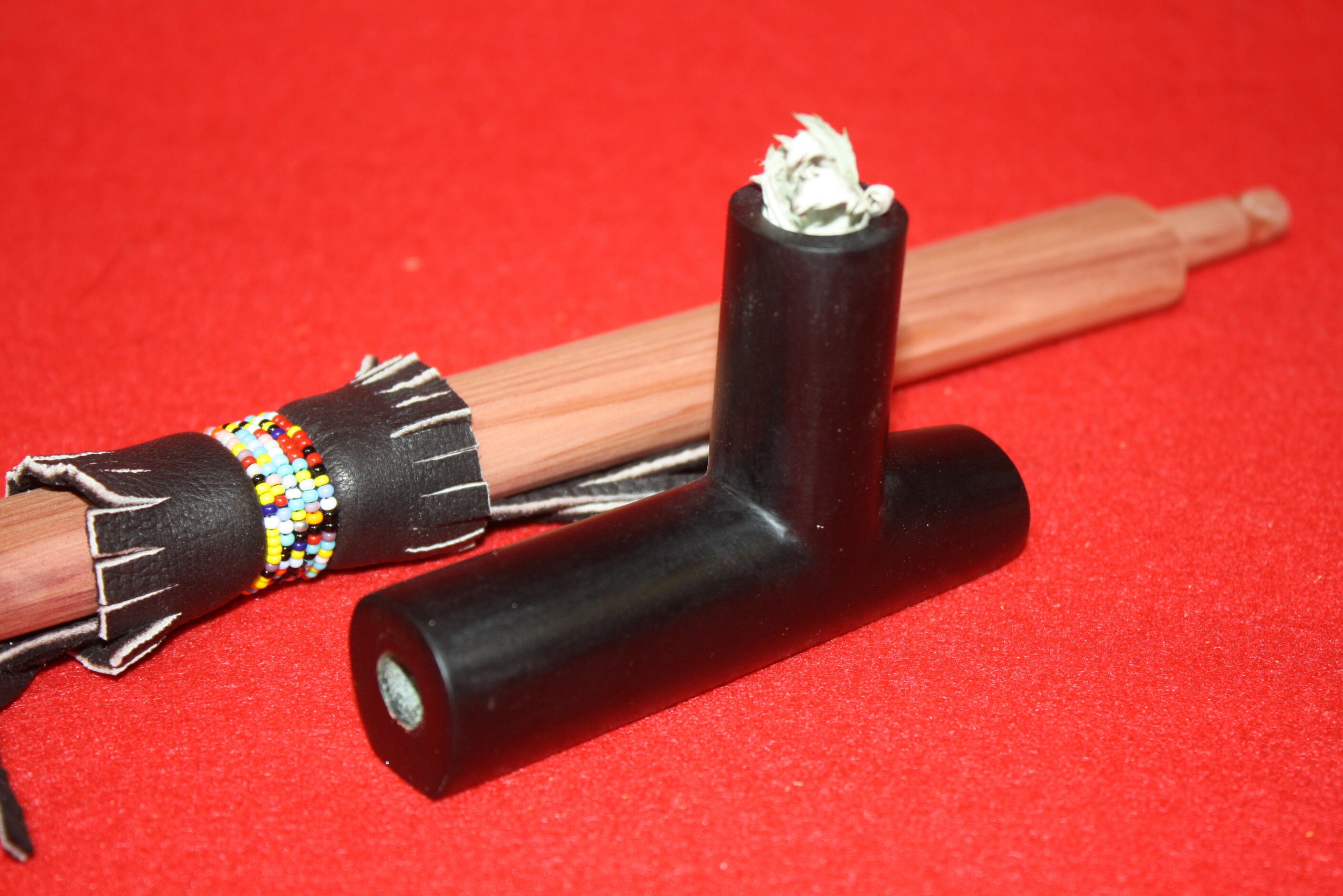 15" Ceremonial Red or Black Pipestone Pipe W/ Beaded Aromatic Cedar ...