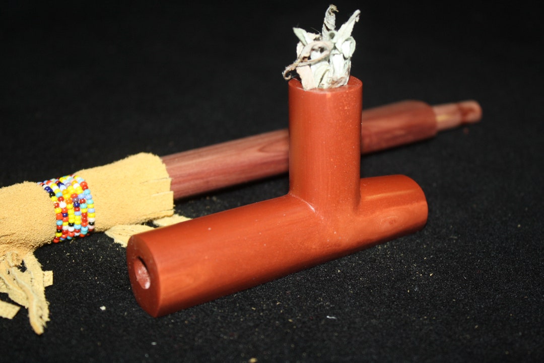 15" Ceremonial Red or Black Pipestone Pipe W/ Beaded Aromatic Cedar ...