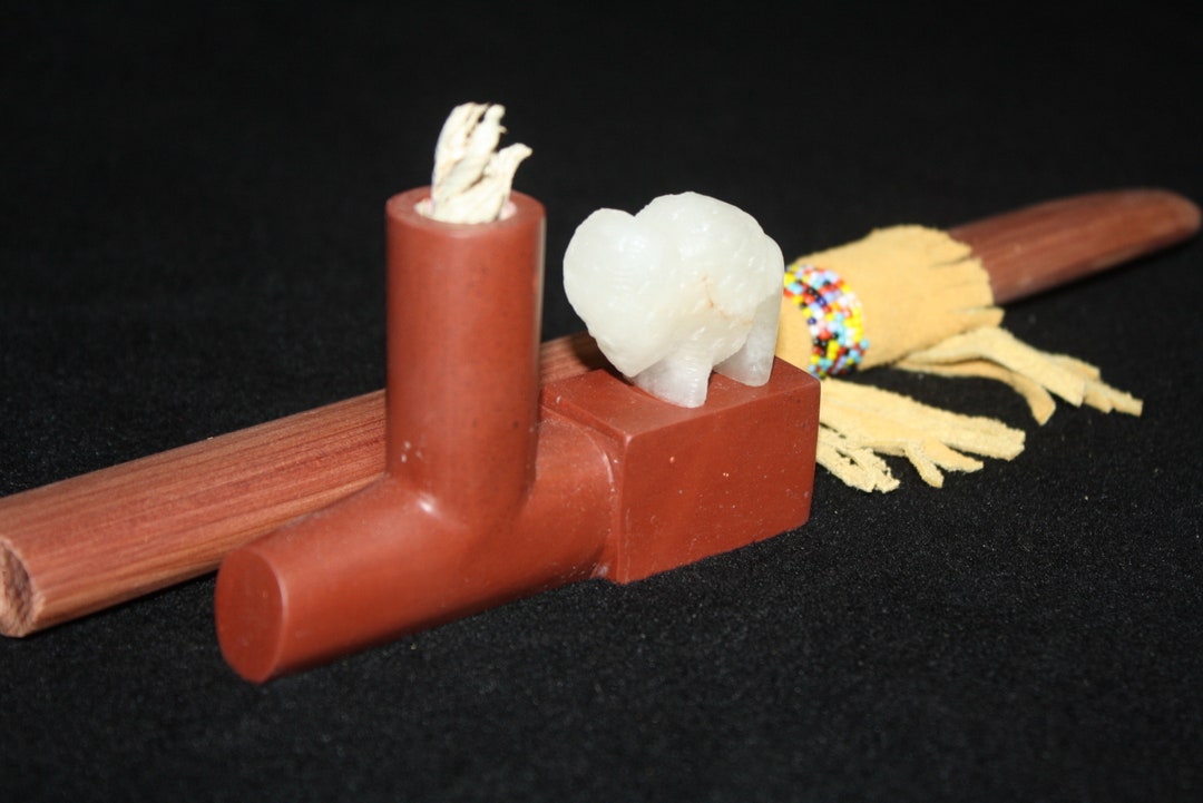 15" Ceremonial Red or Black (w/ White Buffalo) Pipestone Pipe W/ Beaded ...