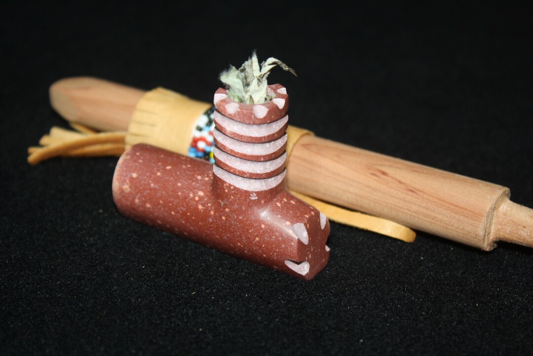 8" Personal Sized Red or Black Pipestone 4-winds Pipe W/ Beaded ...