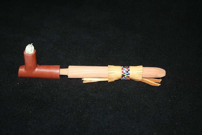 8" Personal Sized Red or Black Pipestone Pipe W/ Beaded Aromatic Cedar ...