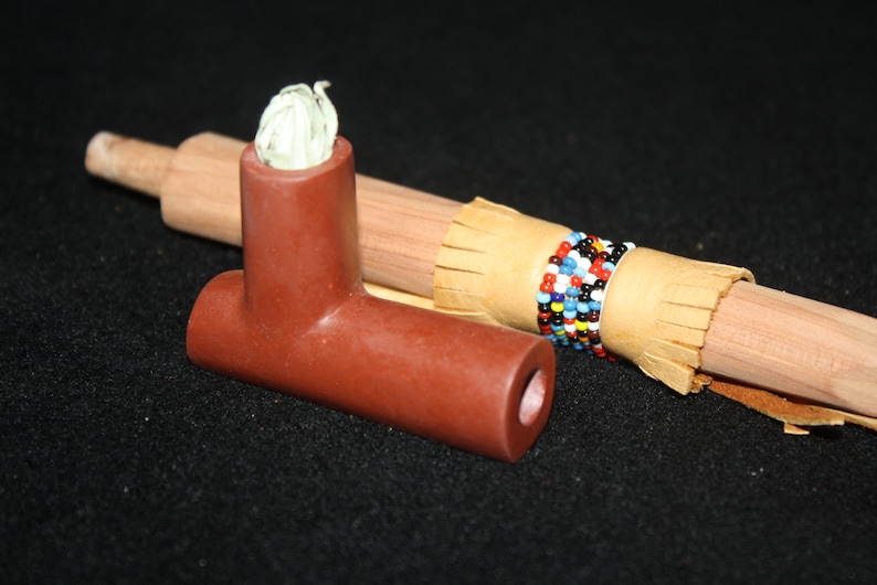 8" Personal Sized Red or Black Pipestone Pipe W/ Beaded Aromatic Cedar ...