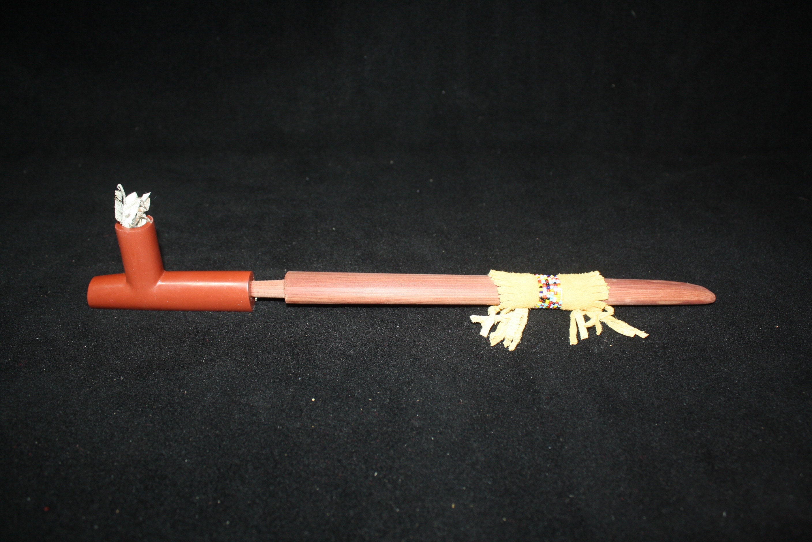 15" Ceremonial Red or Black Pipestone Pipe W/ Beaded Aromatic Cedar ...