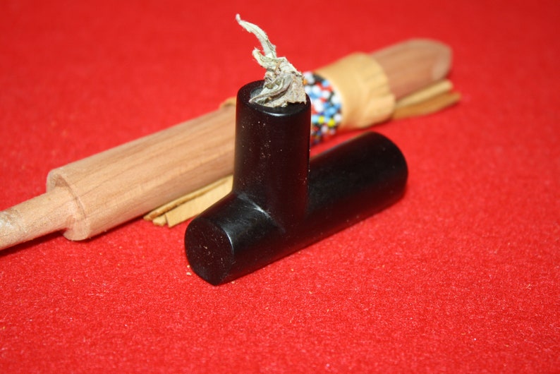 8" Personal Sized Red or Black Pipestone Pipe W/ Beaded Aromatic Cedar ...