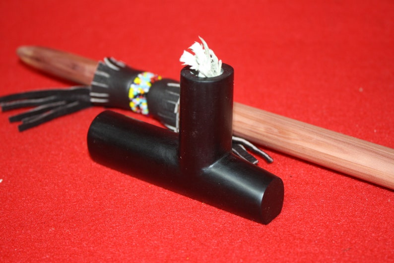 15" Ceremonial Red or Black Pipestone Pipe W/ Beaded Aromatic Cedar ...