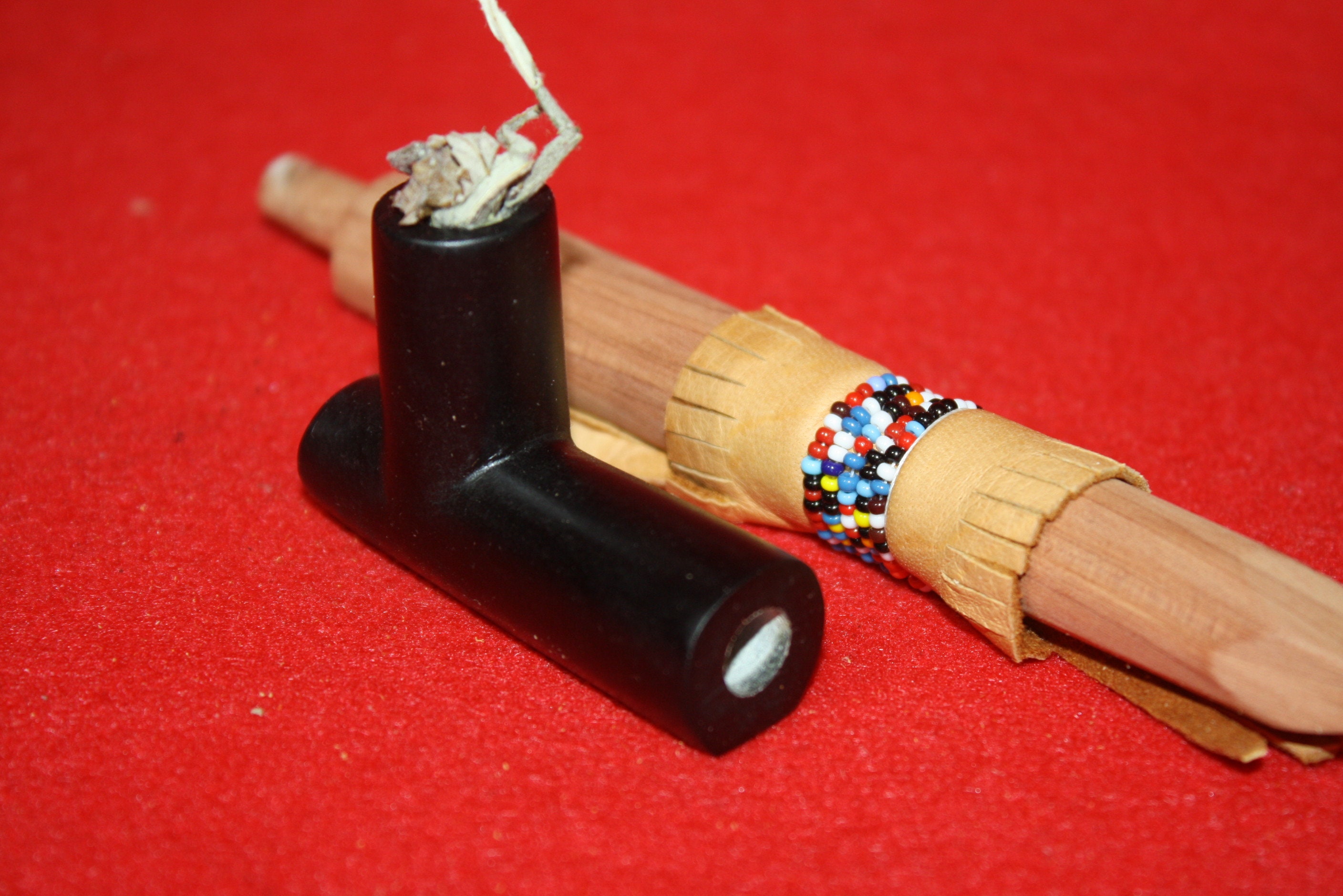 8" Personal Sized Red or Black Pipestone Pipe W/ Beaded Aromatic Cedar ...