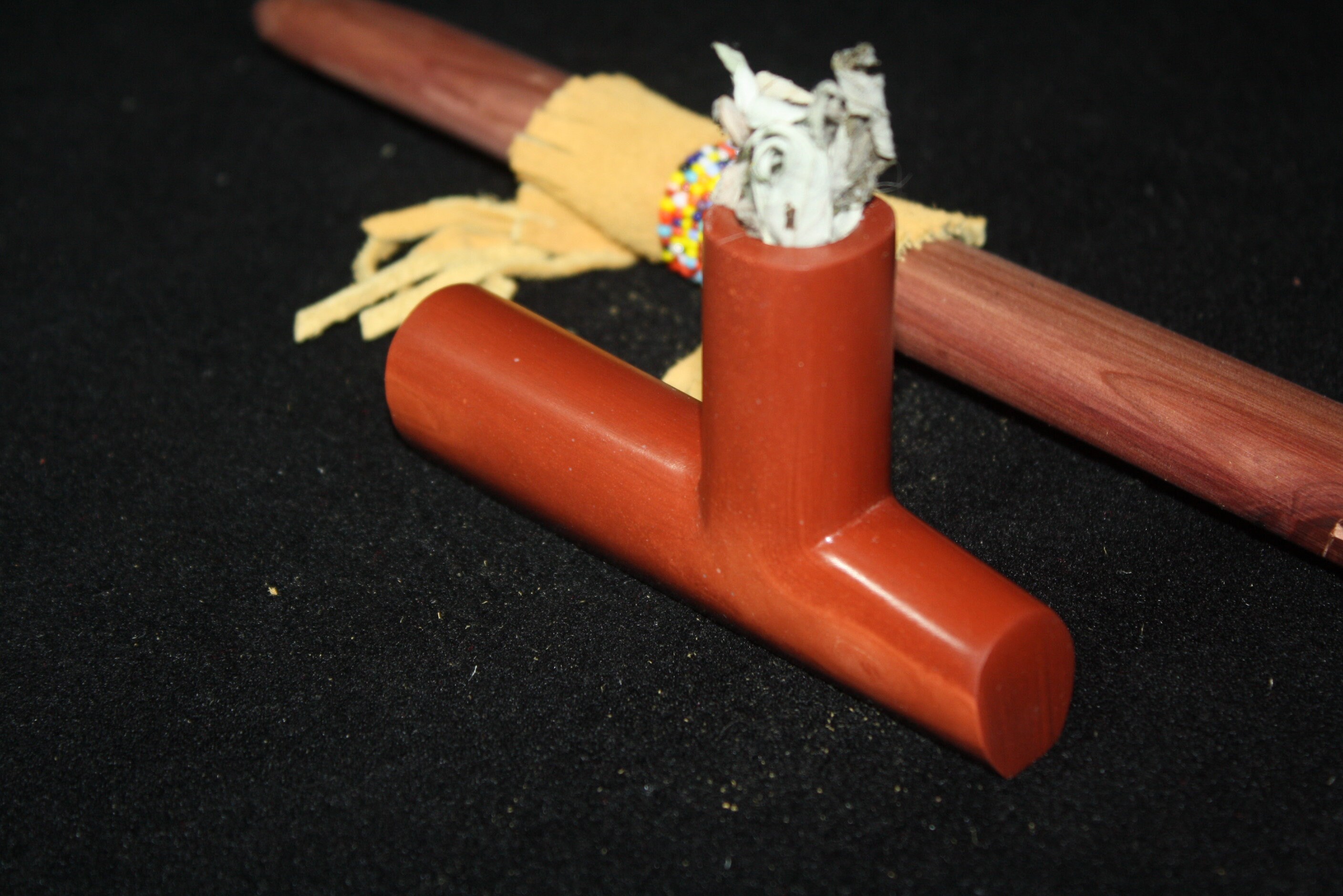 15" Ceremonial Red or Black Pipestone Pipe W/ Beaded Aromatic Cedar ...