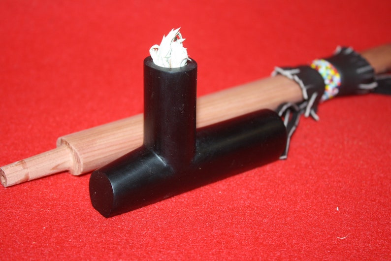15" Ceremonial Red or Black Pipestone Pipe W/ Beaded Aromatic Cedar ...