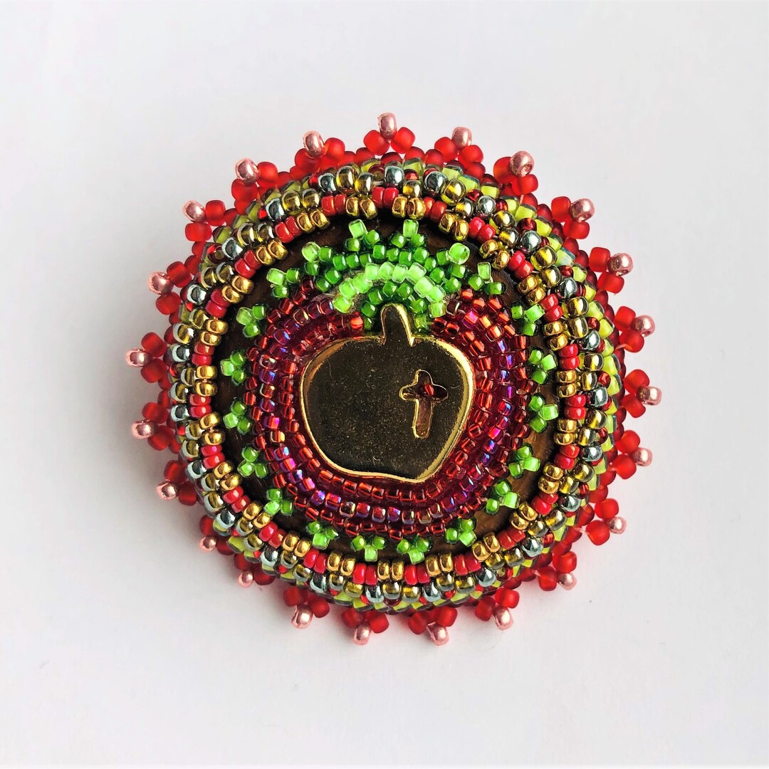 Beadwoven Small Apple Brooch Green and Red Apple Brooch Round ...
