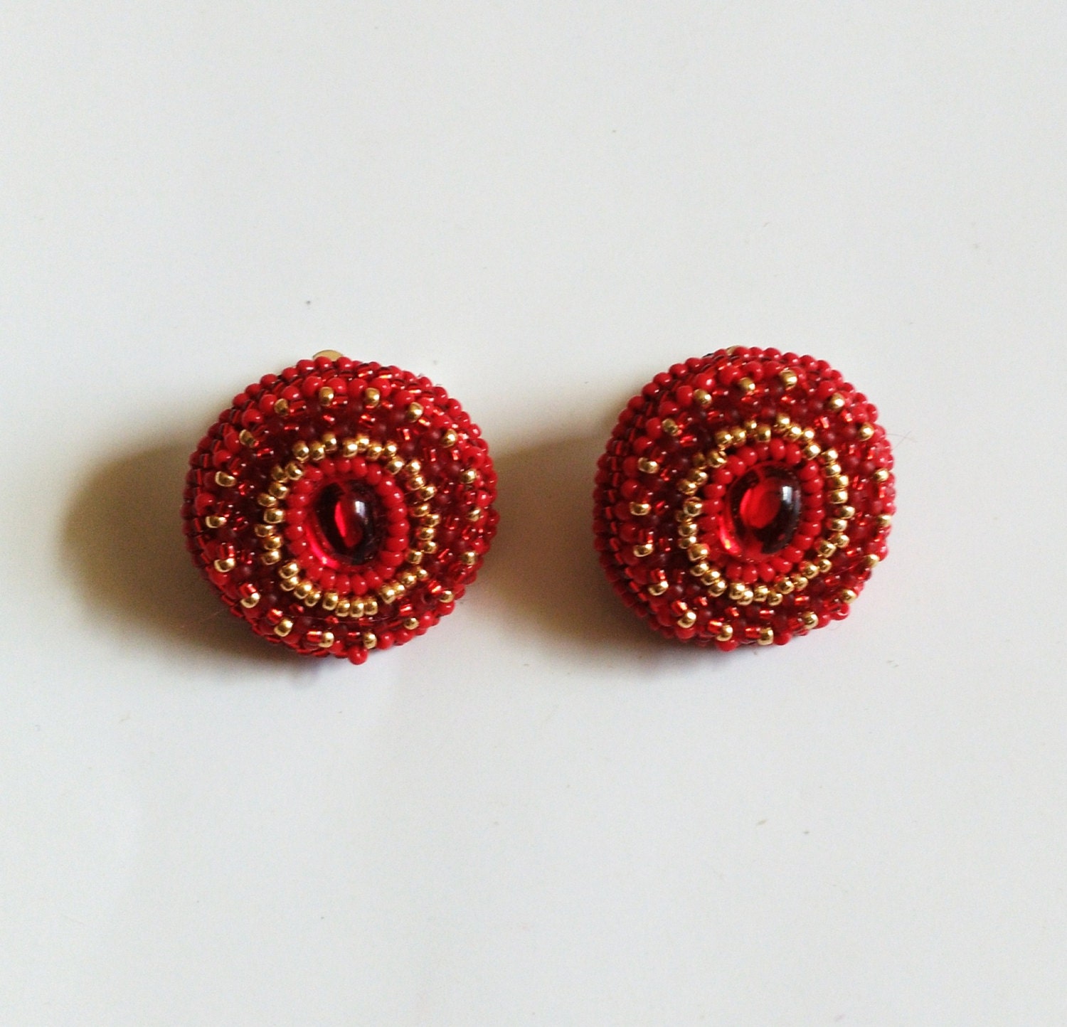 Beadwoven Red Clip on Earrings Golden and Red Glass Beadwork - Etsy UK