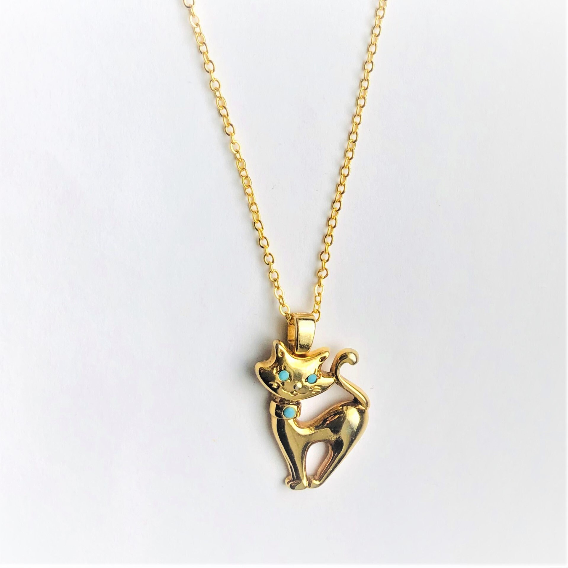 Vintage Gold Plated Cat Pendant Necklace, Blue Eyes Feline Charm - Etsy UK