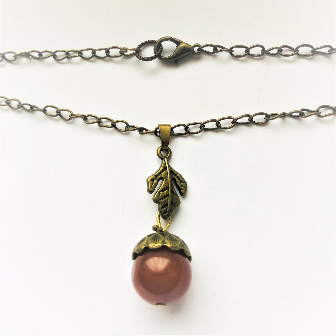 Agate Acorn Pendant Necklace, Brass Cap & Oak Leaf, 23 Inch Chain - Etsy