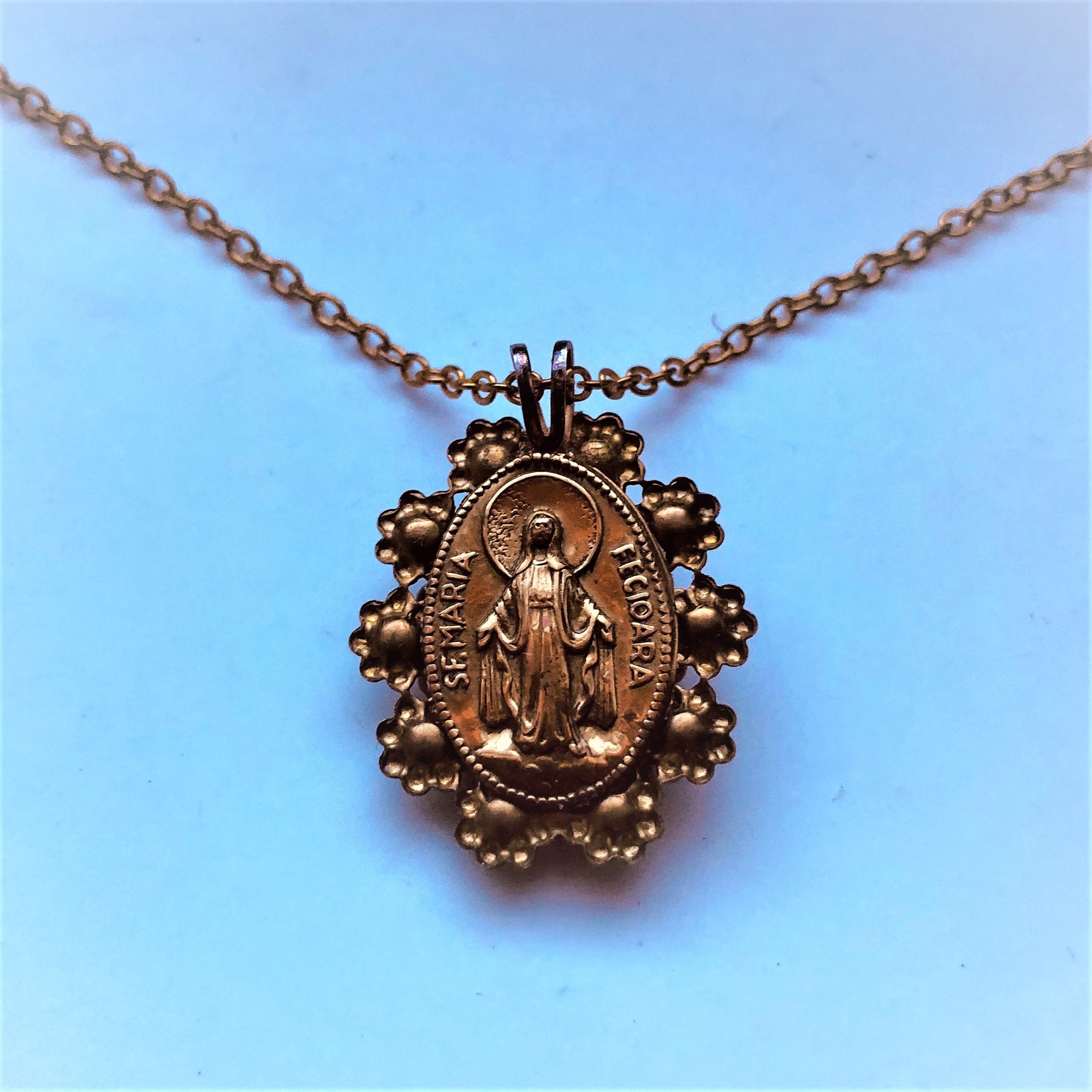 Double Side Pendant Virgin Mary Sf. Maria Fecioara& Beadwoven Goldstone ...