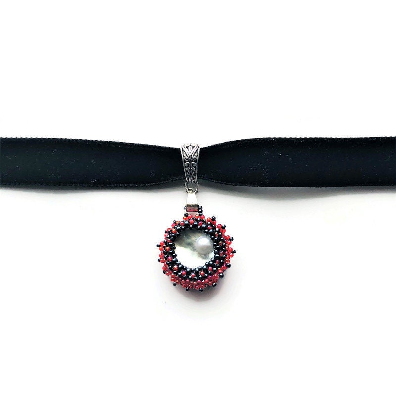 Red Ladybug& Pearl Bead Embroidered Pendant Two in One, Polka dot ...