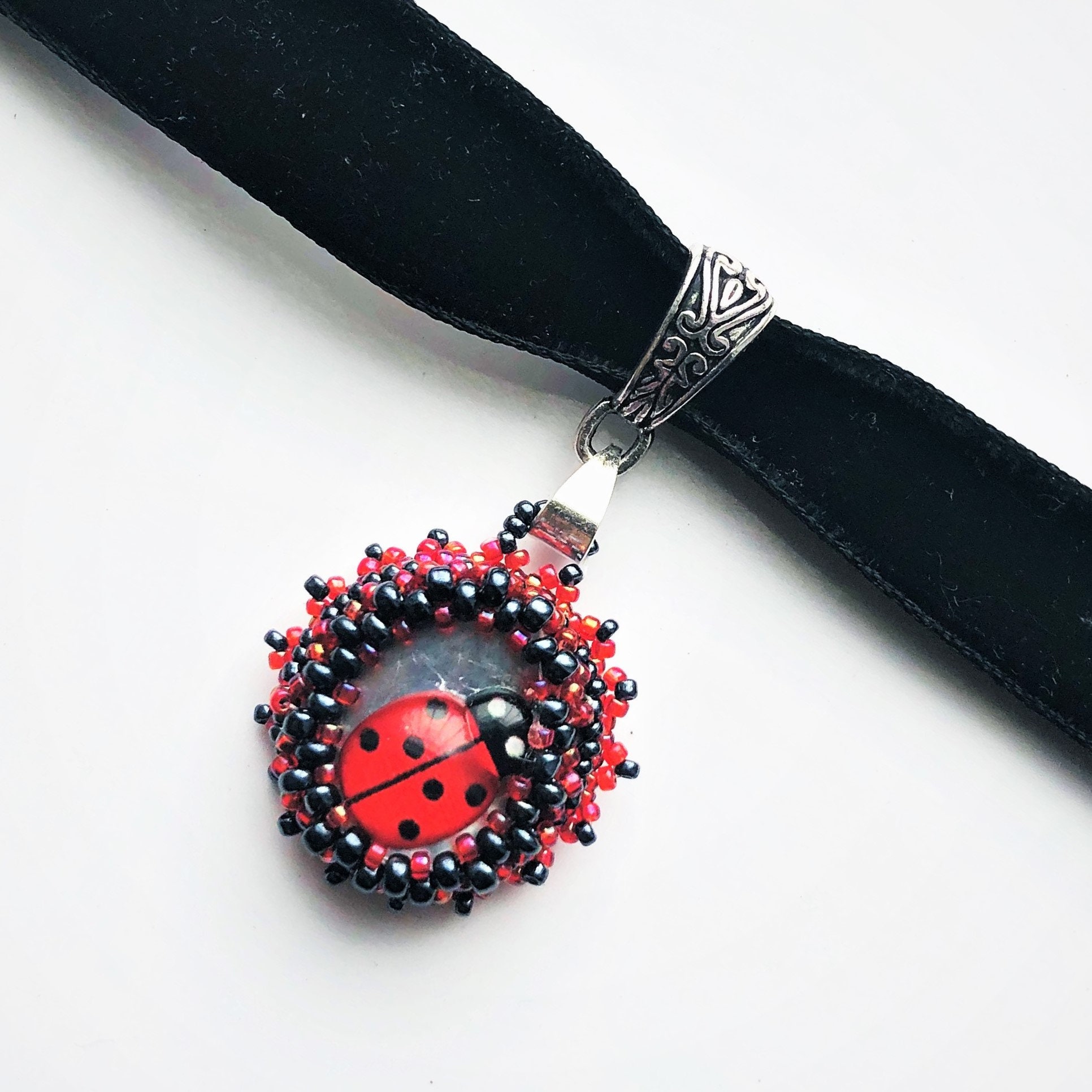 Red Ladybug& Pearl Bead Embroidered Pendant Two in One, Polka dot ...