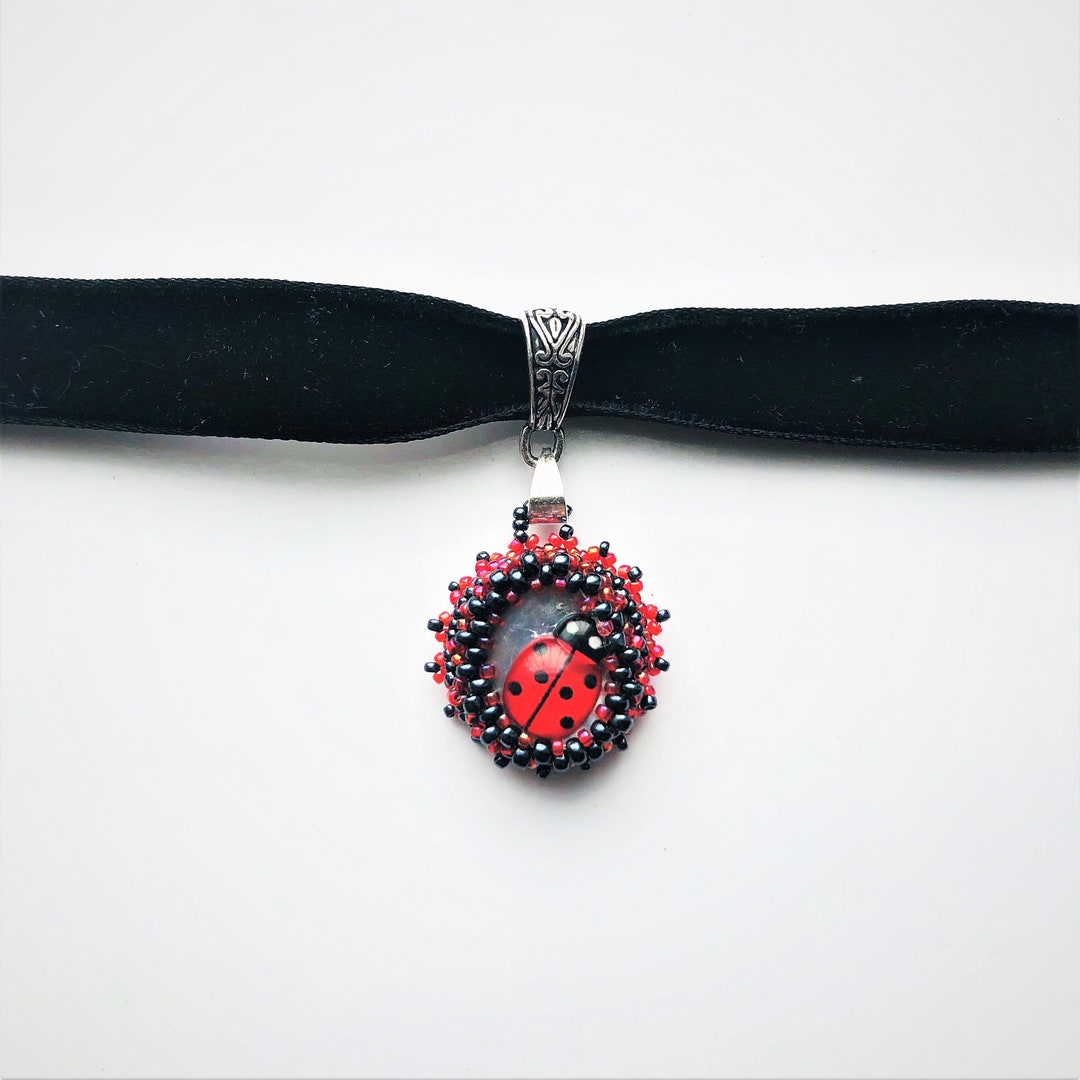 Red Ladybug& Pearl Bead Embroidered Pendant Two in One, Polka dot ...