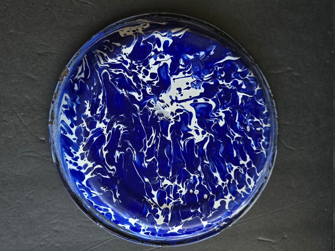 Antique Enamelware Cobalt Blue and White Spatterware Pie Pan Primitive ...