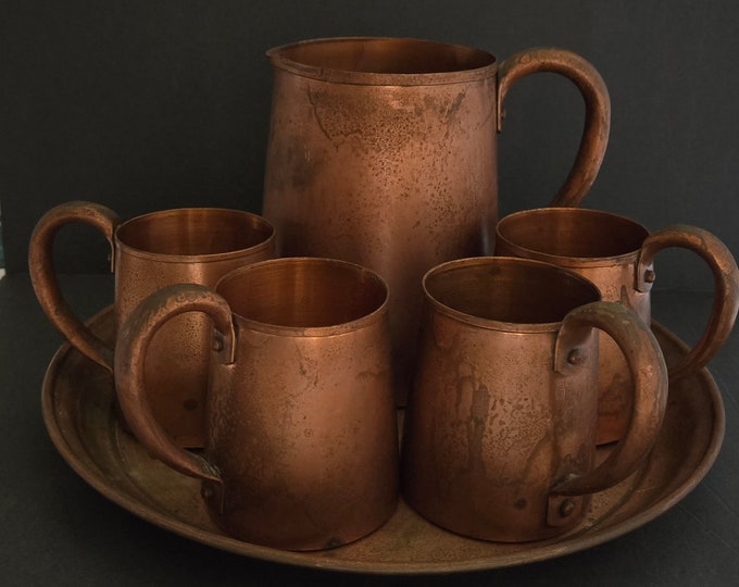 Vintage Solid Copper Pitcher Mugs and Tray Set Very Rustic Primitive ...