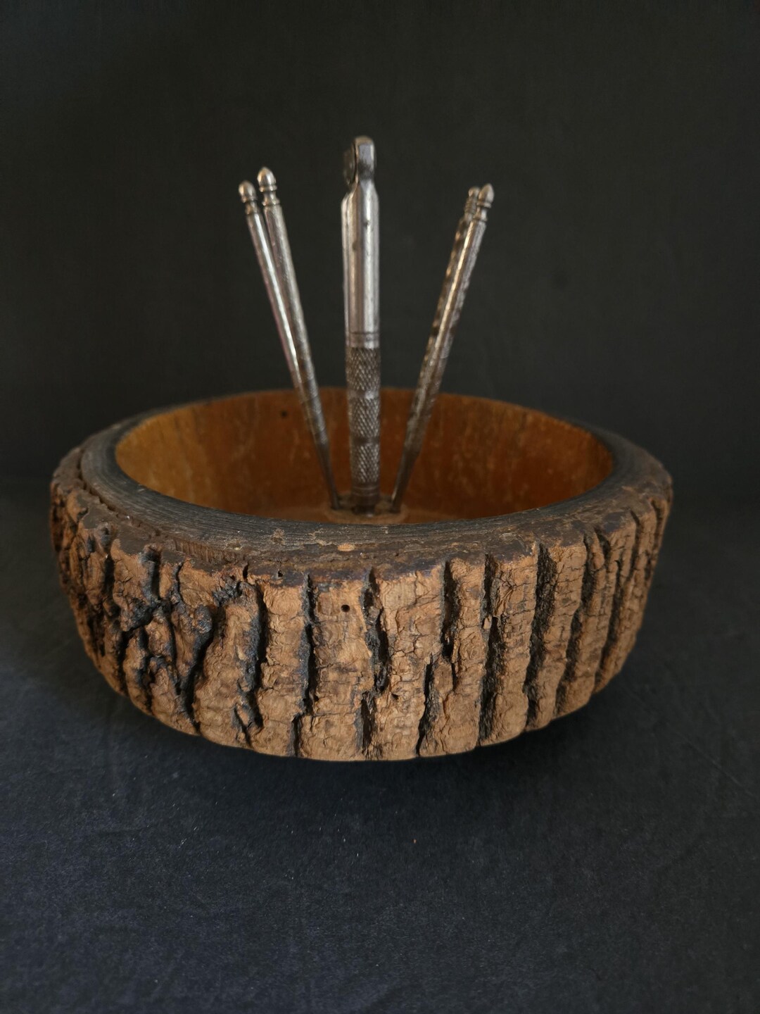 Vintage Turned Wooden Nut Bowl Bark Sides With Metal Nutcracker Set ...