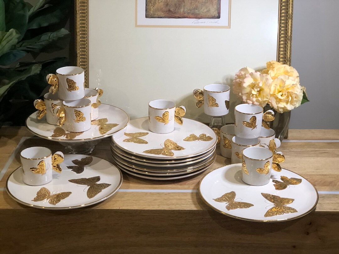 Vintage Carole Stupell Italian White Pottery Plates & Cups Set With ...