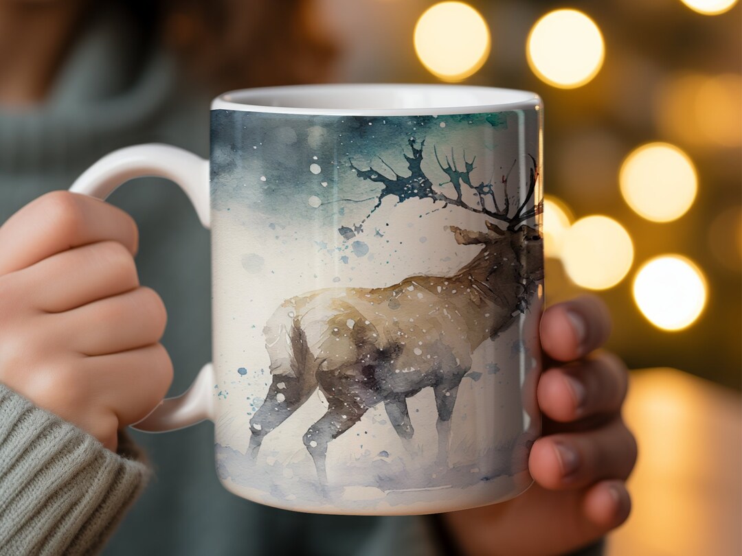 Elk Watercolor Art Mug, Nature Inspired Coffee Cup, Artistic Elk Design ...
