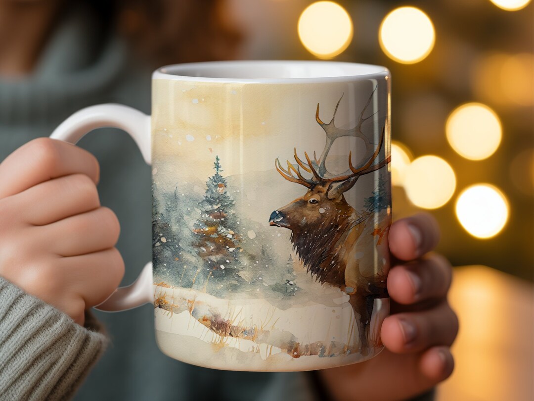 Beautiful Watercolor Elk Mug, Winter Forest Double Elk Artwork, Unique ...