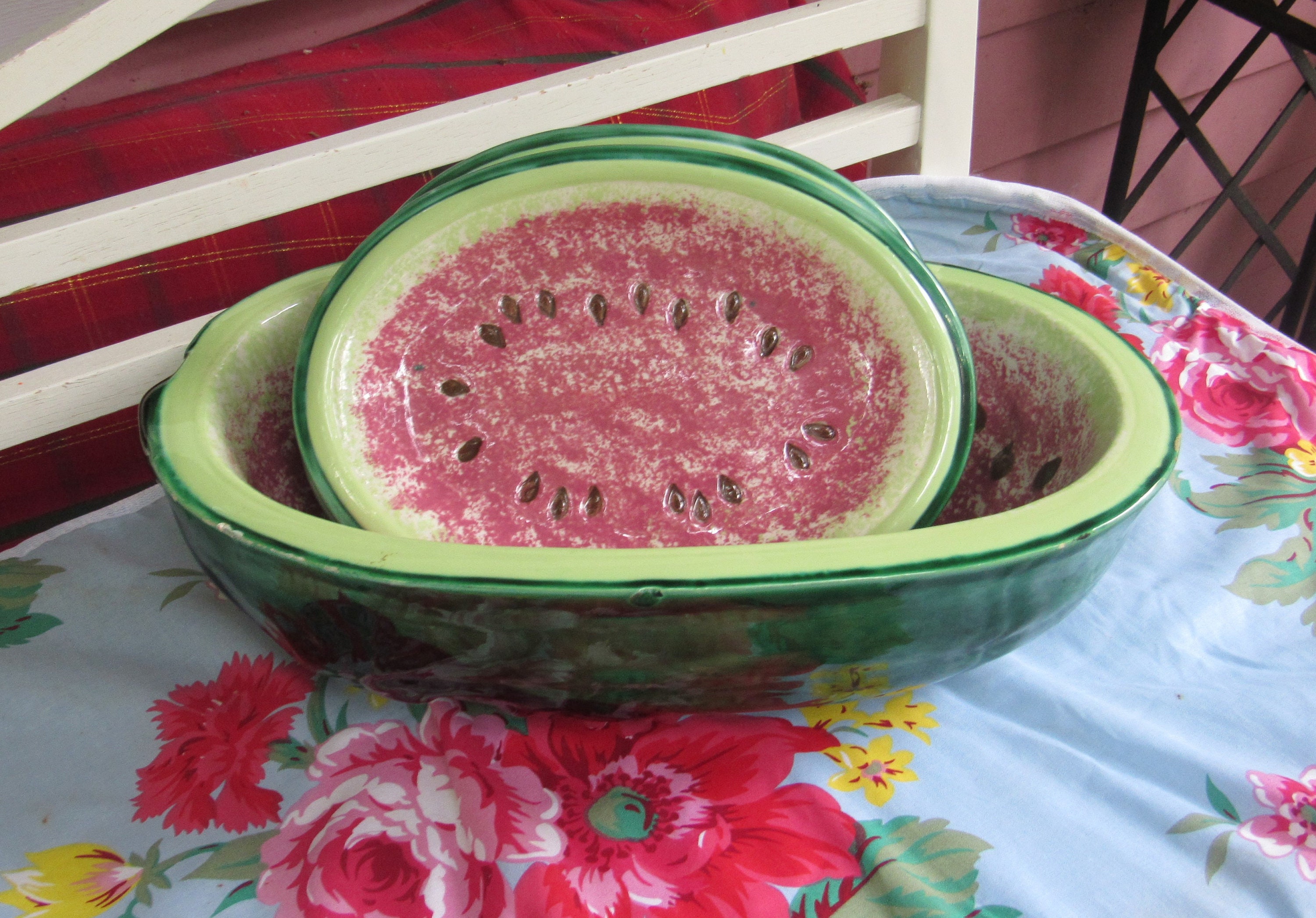 Vintage Ceramic Watermelon Bowl With 6 Oval Plates Colorful Summer - Etsy