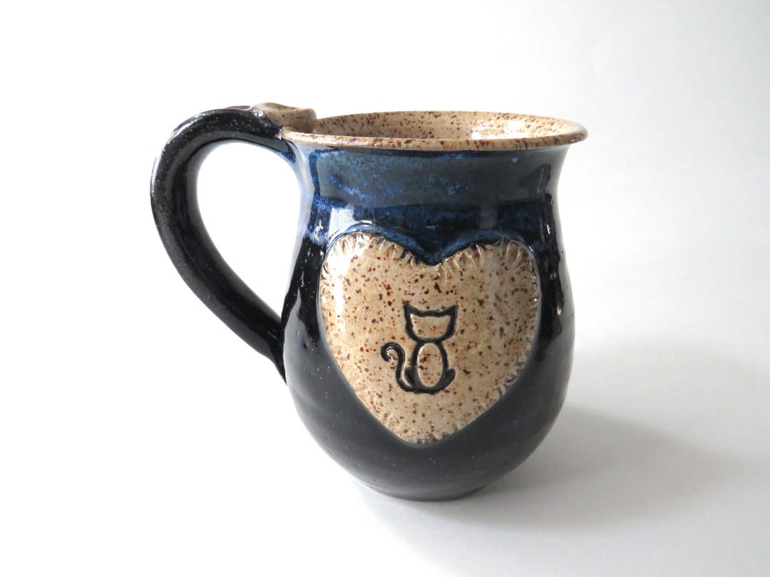 Cat Love Mug, Kiln Glazed in Black and Deep Blue, Ready to Ship - Etsy